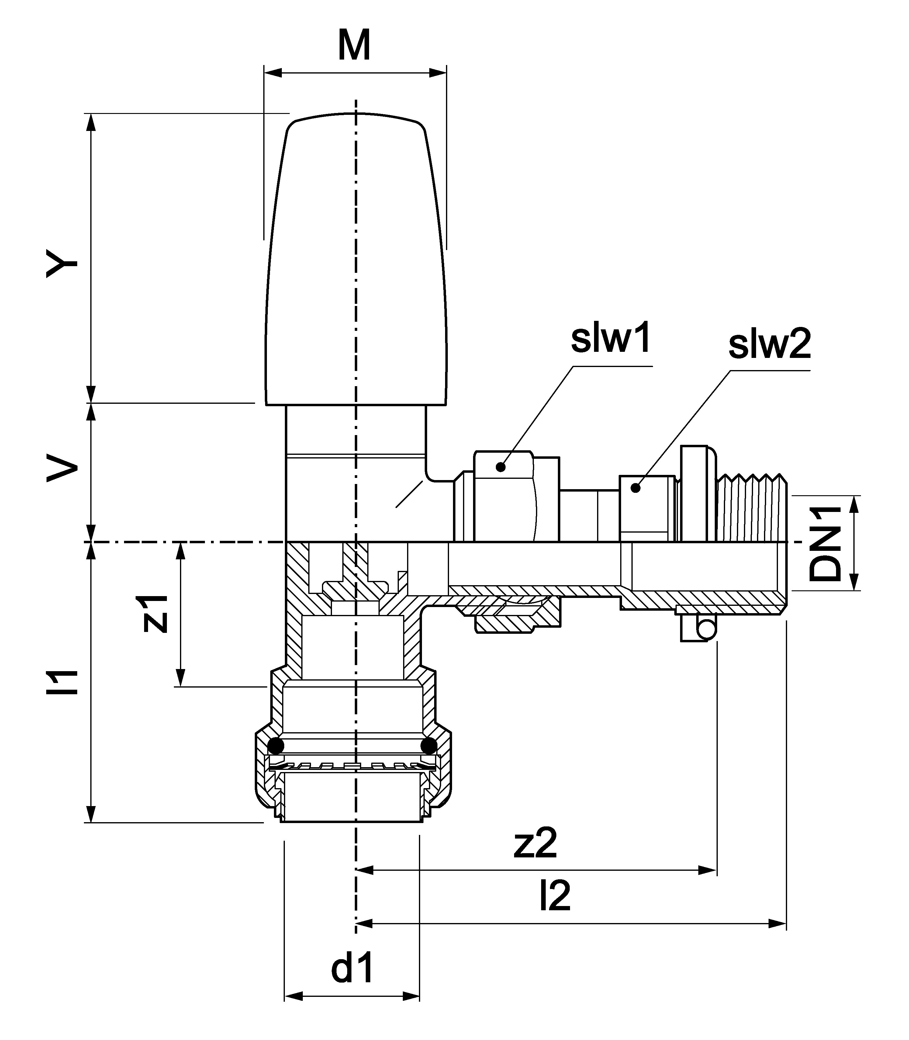 lockshield radiator valve angle pattern with push-fit elbow