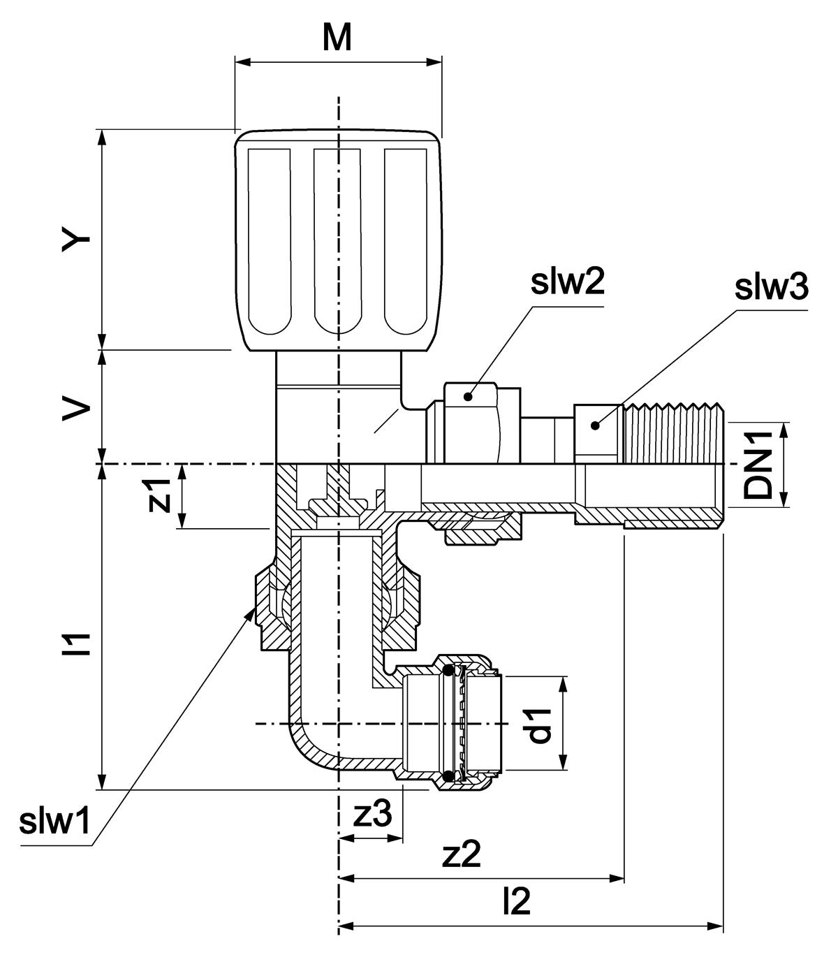 wheelhandle radiator valve angle pattern with push-fit elbow
