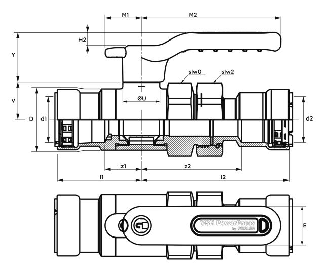 VSH PowerPress ball valve with union connection (2 x press)