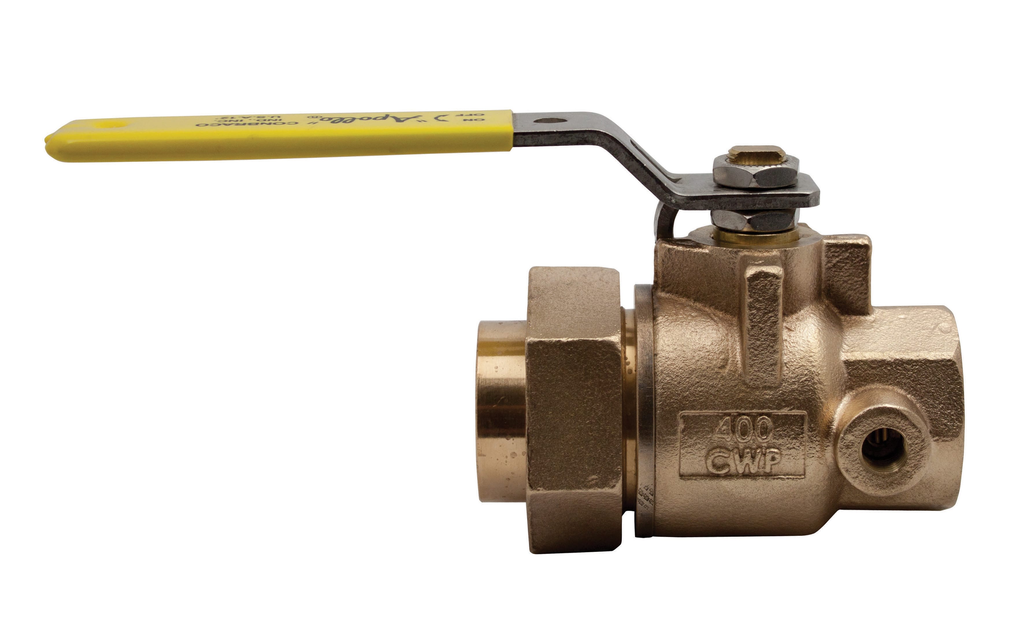 Apollo Bronze 2 Piece Full Port Ball Valve with Side Tap, Reverse Locking SS Lever (2 x Union FNPT)
